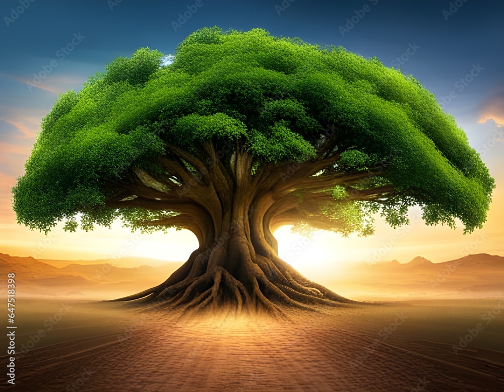 Magnificent giant tree with many visible roots and branches with green ...