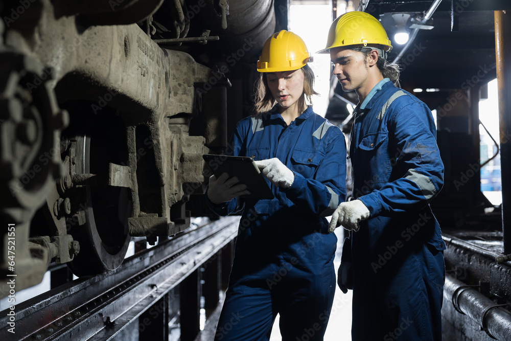 Male and female engineer maintenance locomotive engine, wearing safety ...