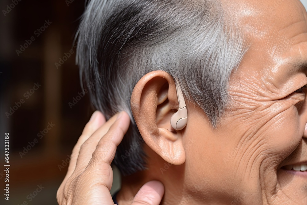 Electronic hearing aid device in the ear of Asian old man with total ...