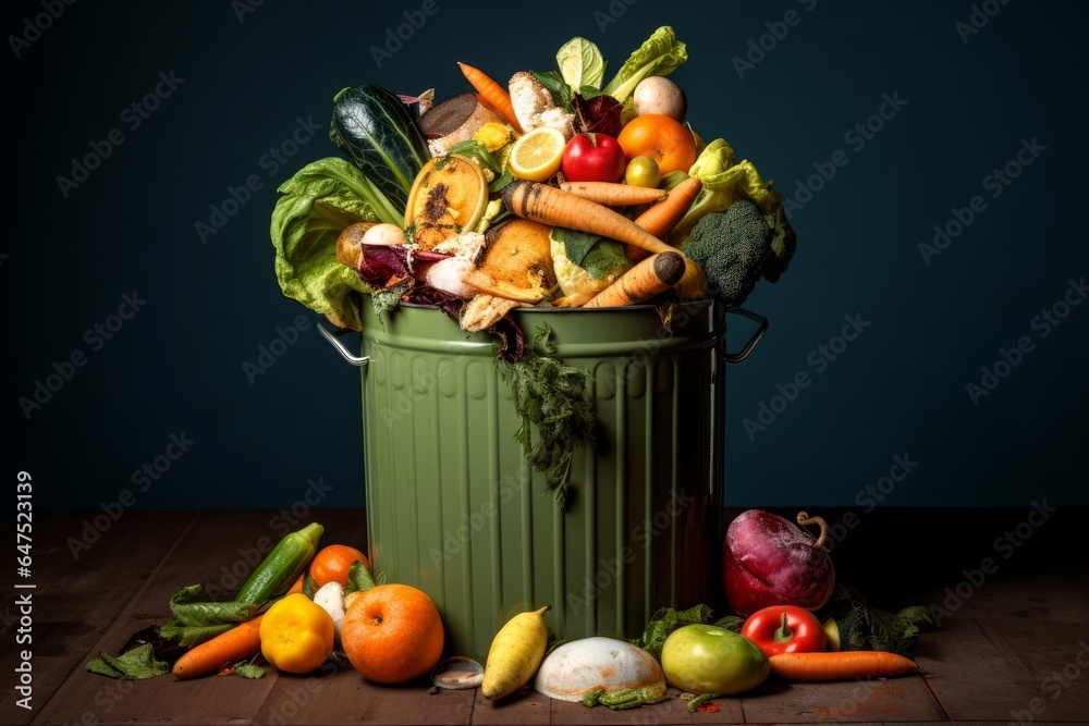 Uneaten unused spoiled vegetables thrown in the trash container. Food ...