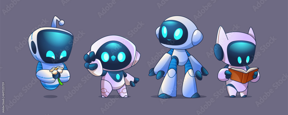 Set of cute robot characters isolated on background. Vector cartoon ...