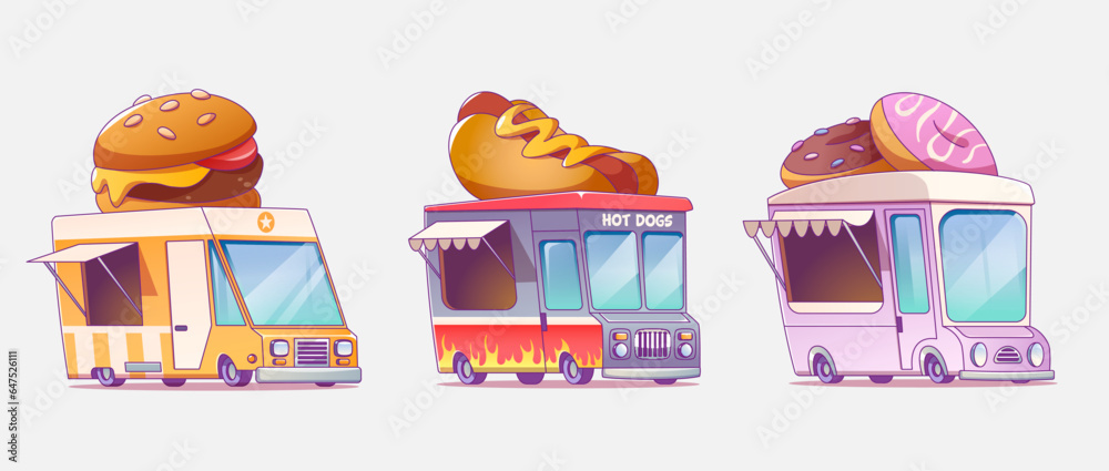 Set of street food trucks isolated on white background. Vector cartoon ...