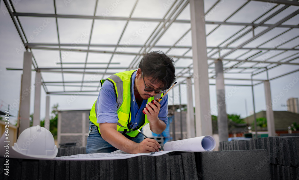 Architect engineer wearing safety uniform survey and working at ...