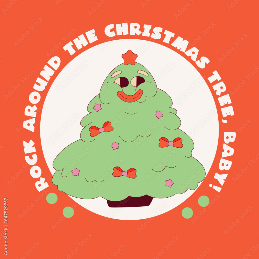 Retro Groovy christmas poster with tree and text. Groovy character ...