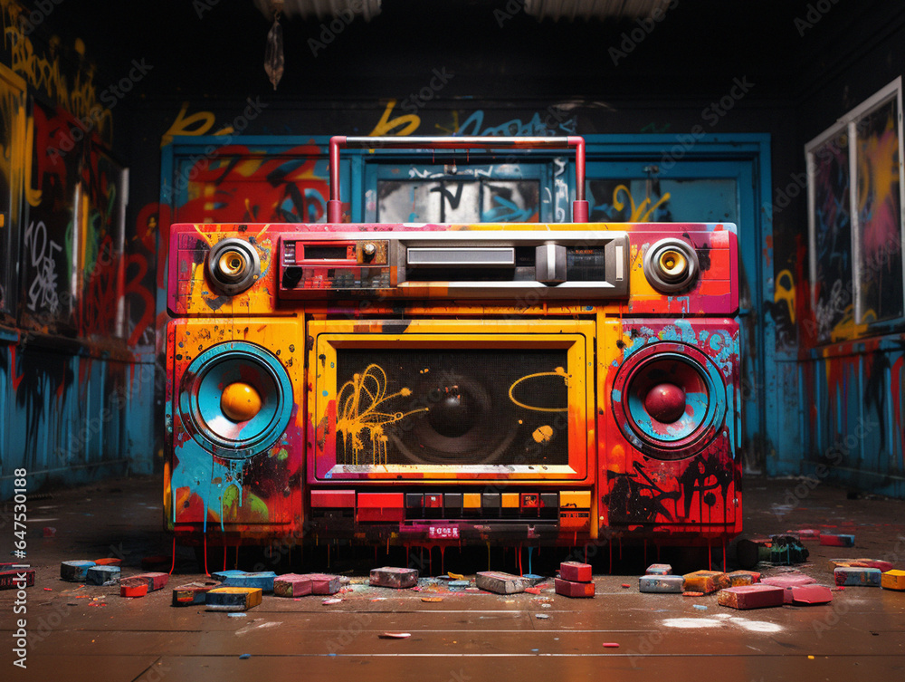 1980s Retro Ghetto Blaster Boombox in Graffiti Covered Room Full Frame ...
