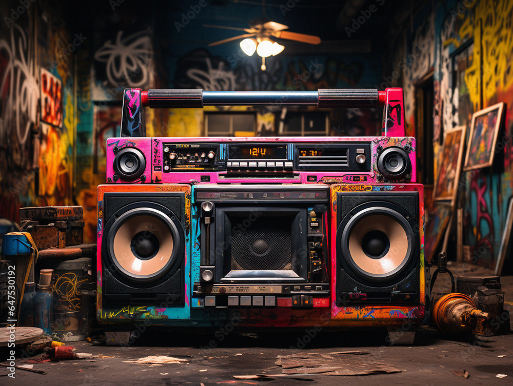 1980s Retro Ghetto Blaster Boombox in Graffiti Covered Room Full Frame Camera Photography Stock ...