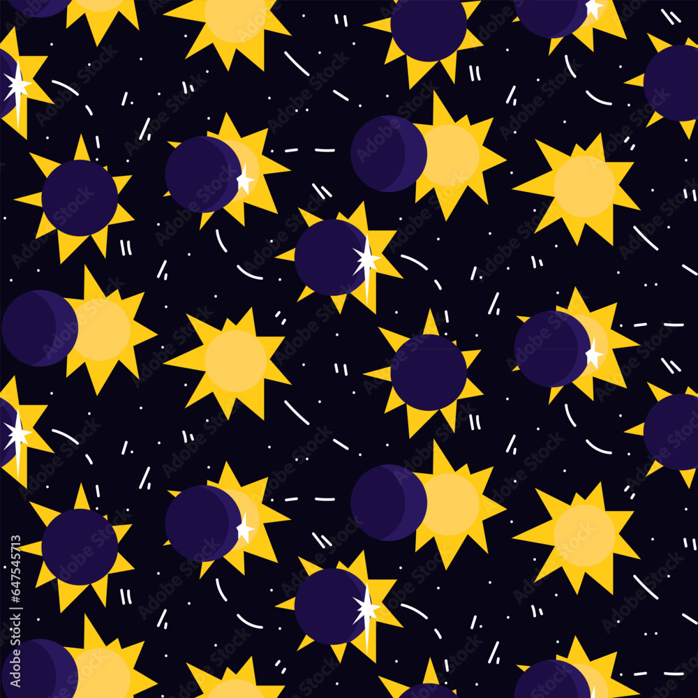Vector seamless pattern of the Moon and the sun black background of the ...