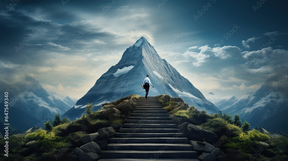 Depict of businessman ascending the staircase of opportunity and ...