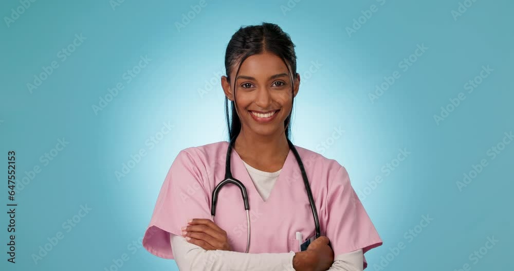 Nurse, arms crossed and woman, face with healthcare and mockup space ...