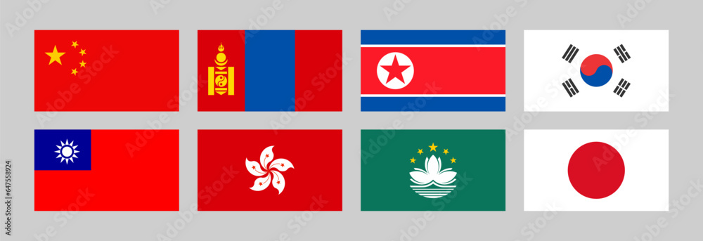 National Flags of Asia, China, Mongolia, Korea South, Korea North ...