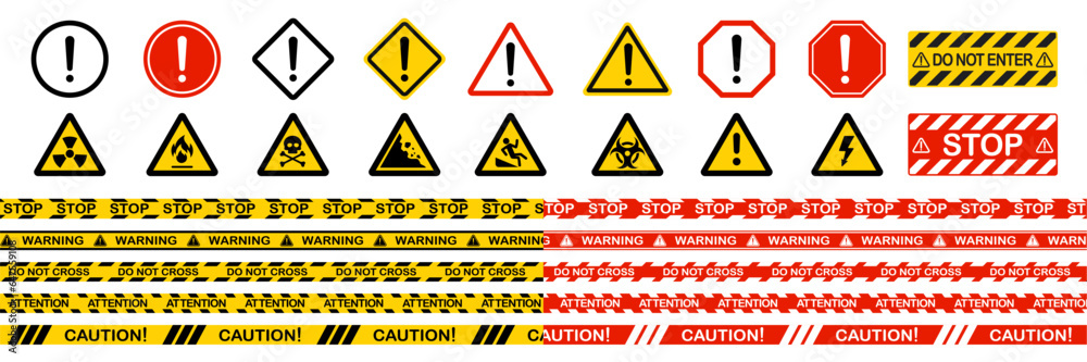 Caution signs. Symbols danger and warning signs. Hazardous warning tape ...