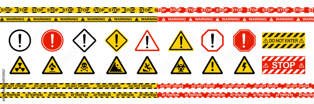 Caution signs. Symbols danger and warning signs. Hazardous warning tape ...