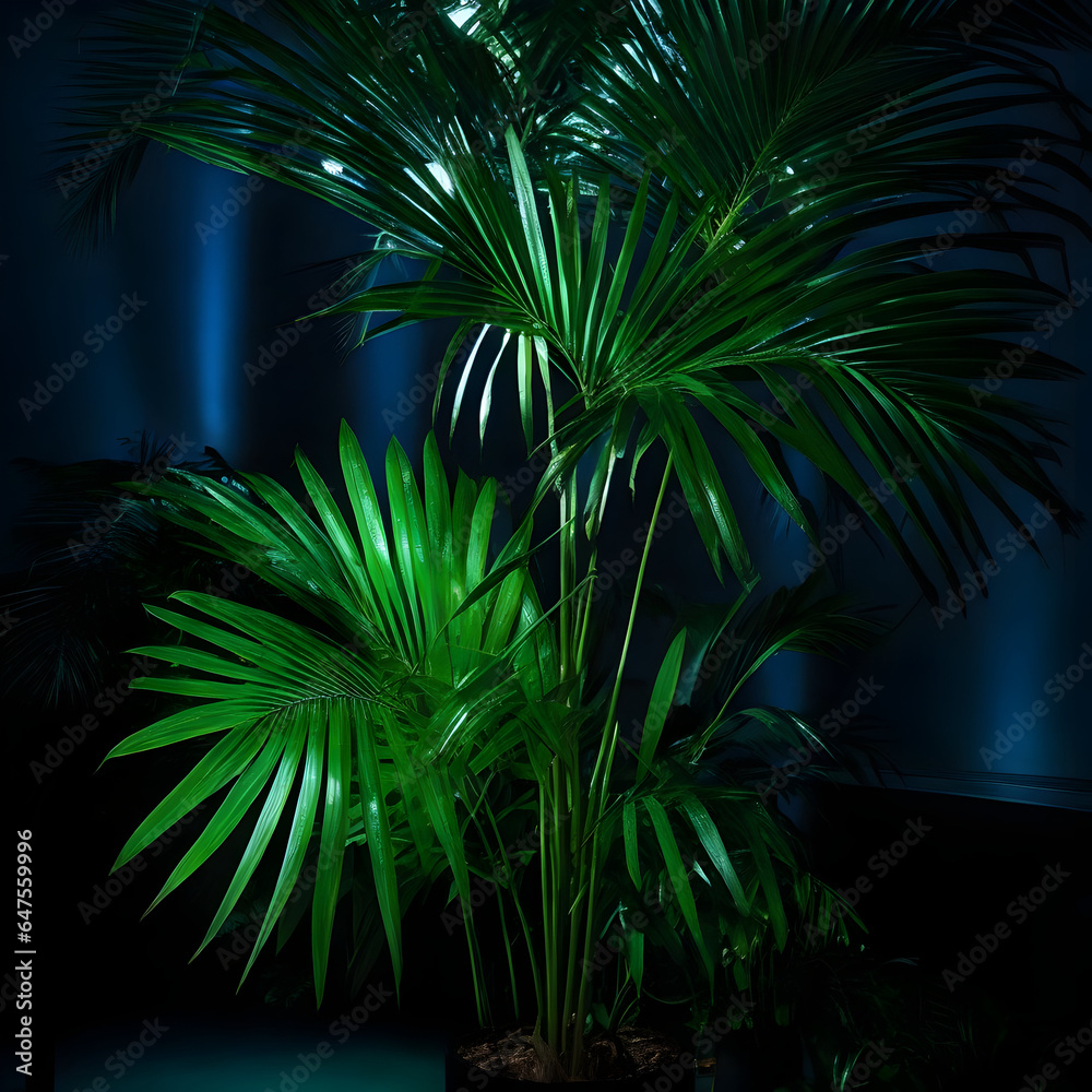 palm tree at night, Howea forsteriana (Forster Sentry Palm, Kentia Palm ...