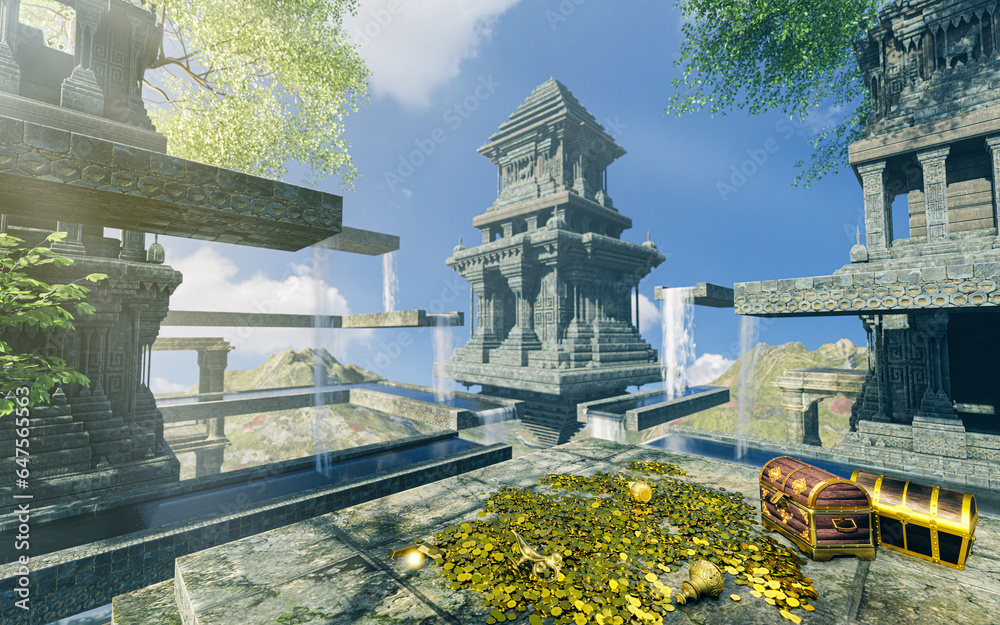 Pile of treasures, gold coins, and treasure chests on a stone platform ...