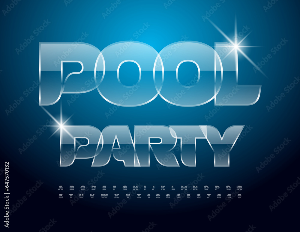 Vector creative flyer Pool Party. Glass texture Font. Shiny set of crystal Alphabet Letters and ...