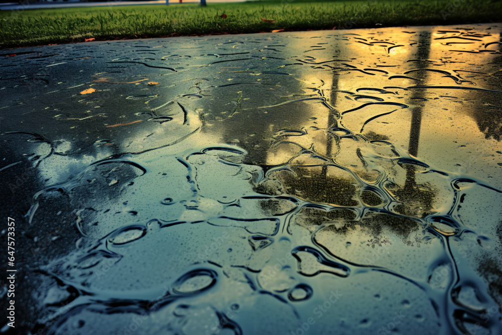 A park after the rain, with rainwater on the ground created puddle on ...