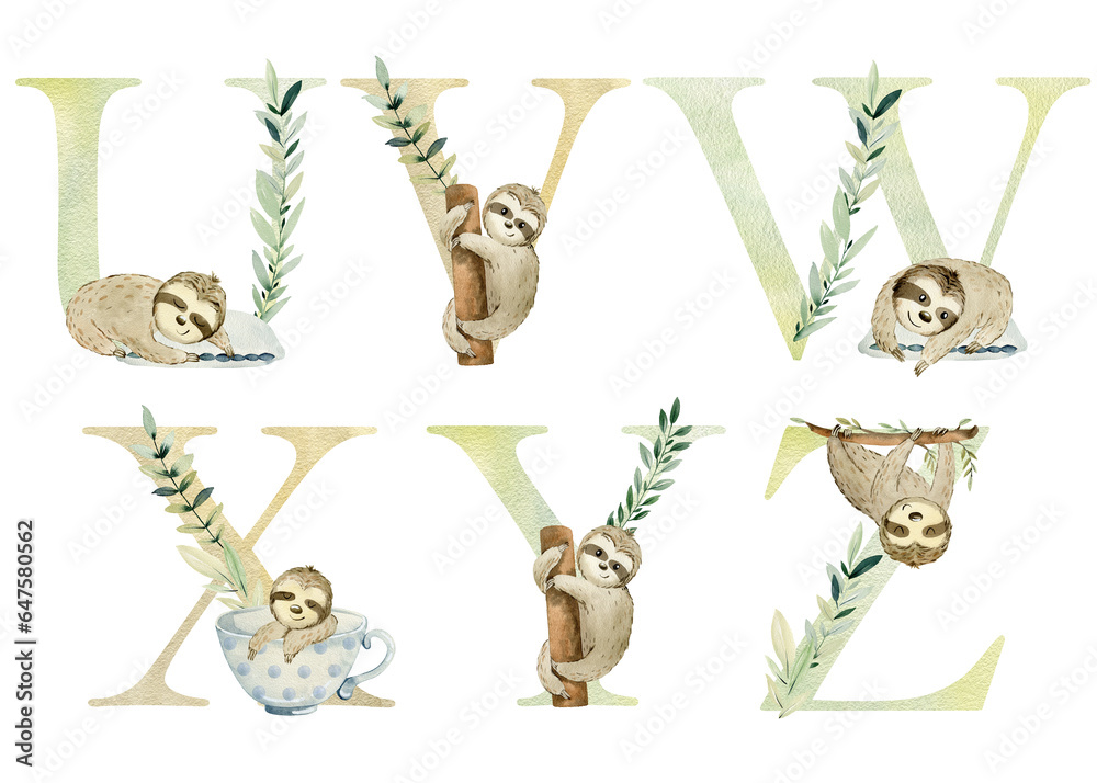 Watercolor letters with cute sloths for invitation card, nursery poster ...