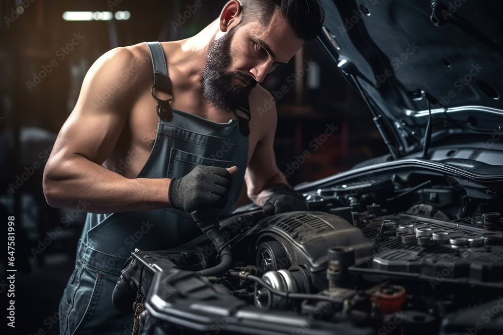 Professional car mechanic using a wrench for working on the engine of ...