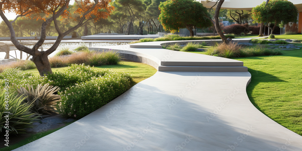 Walkway and landscape in garden, park. Also called path, footpath ...