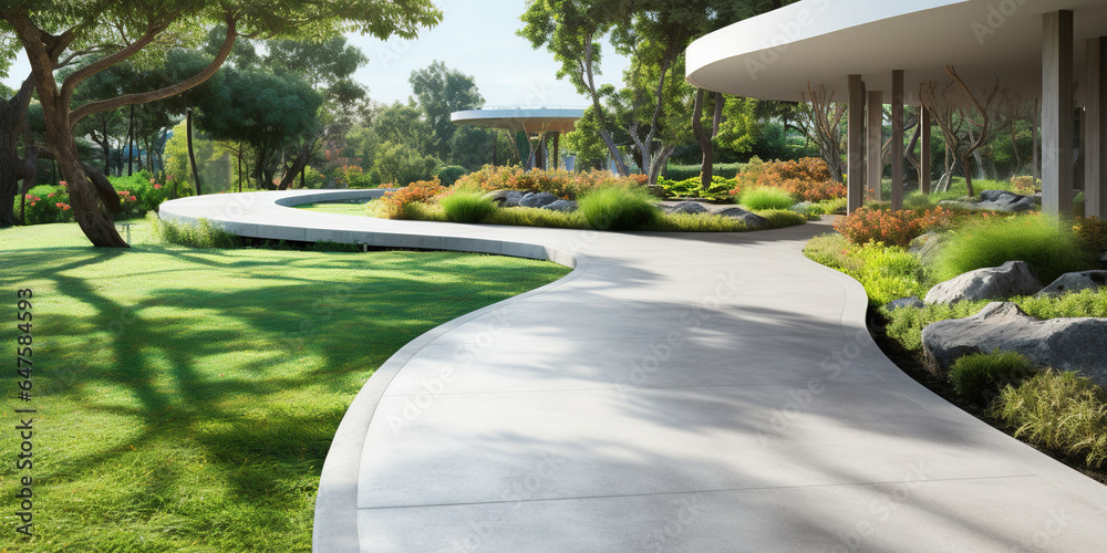 Walkway and landscape in garden, park. Also called path, footpath ...