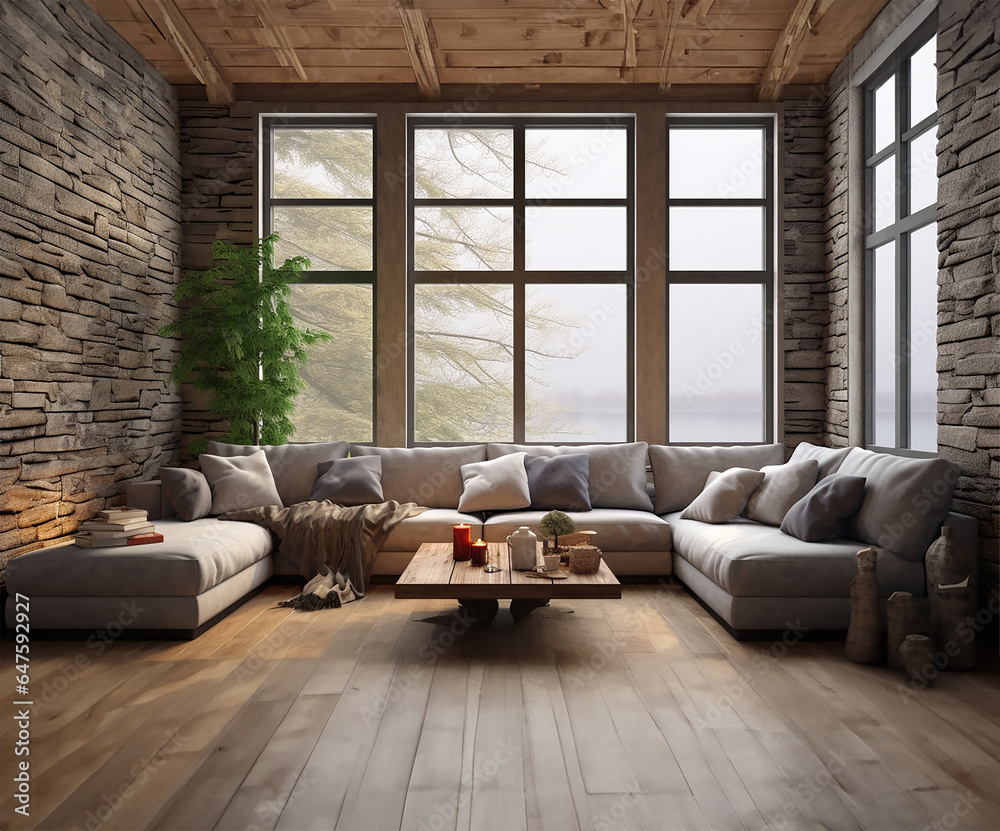 corner sofa set against a window, situated in a room with stone ...