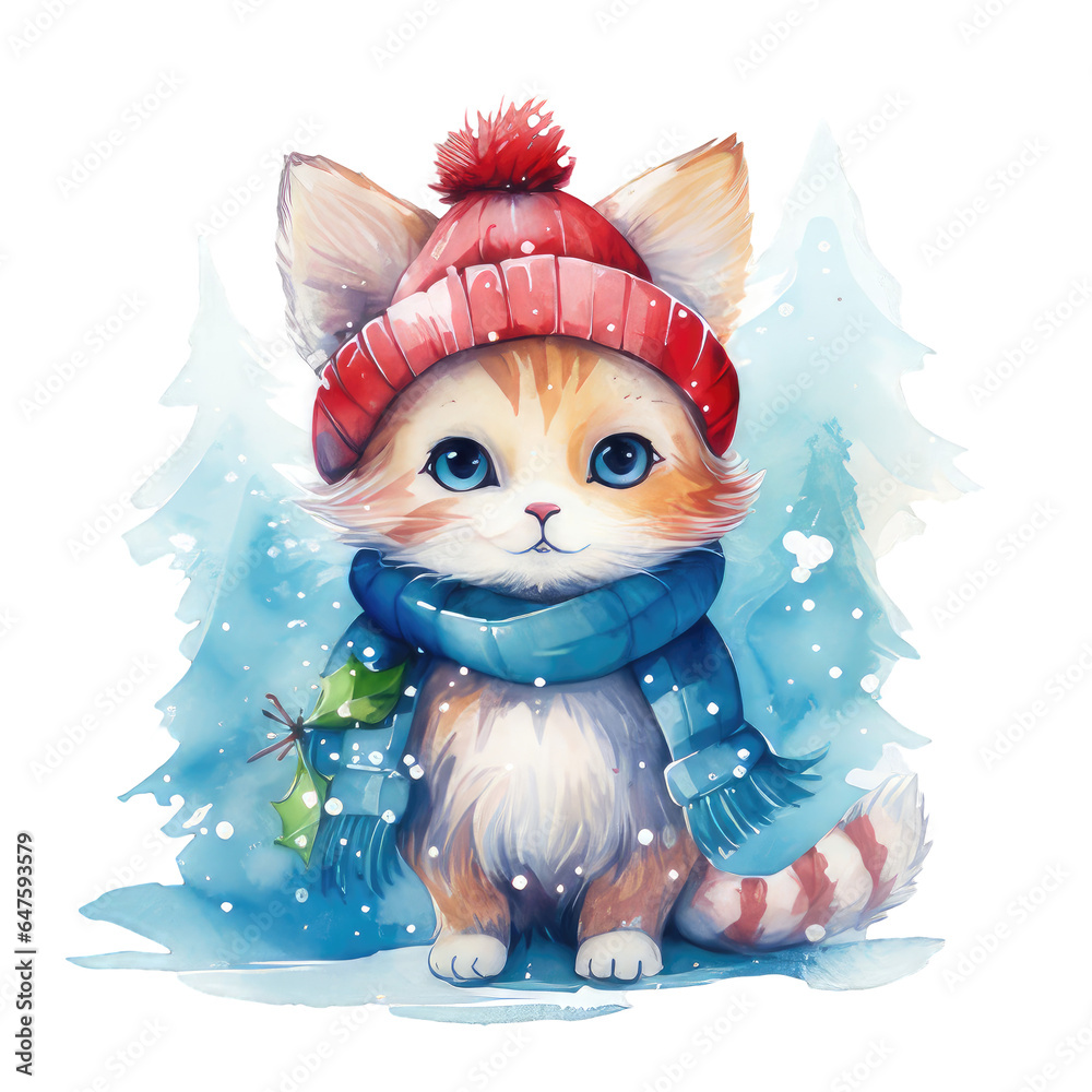 Cute watercolor cat wearing hat. Illustration with transparent ...