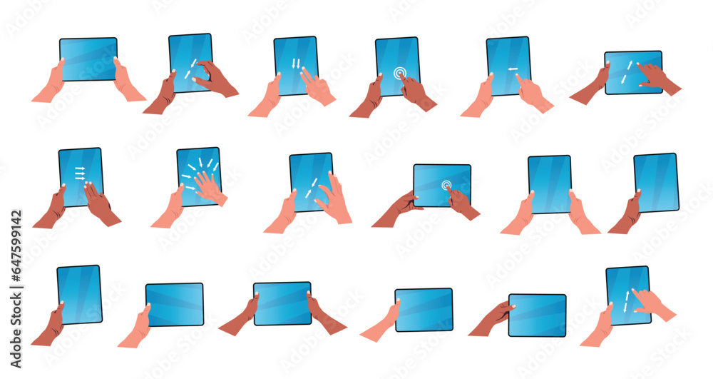 Hands holding tablet PC set. Fingers touching, tapping, scrolling tab ...