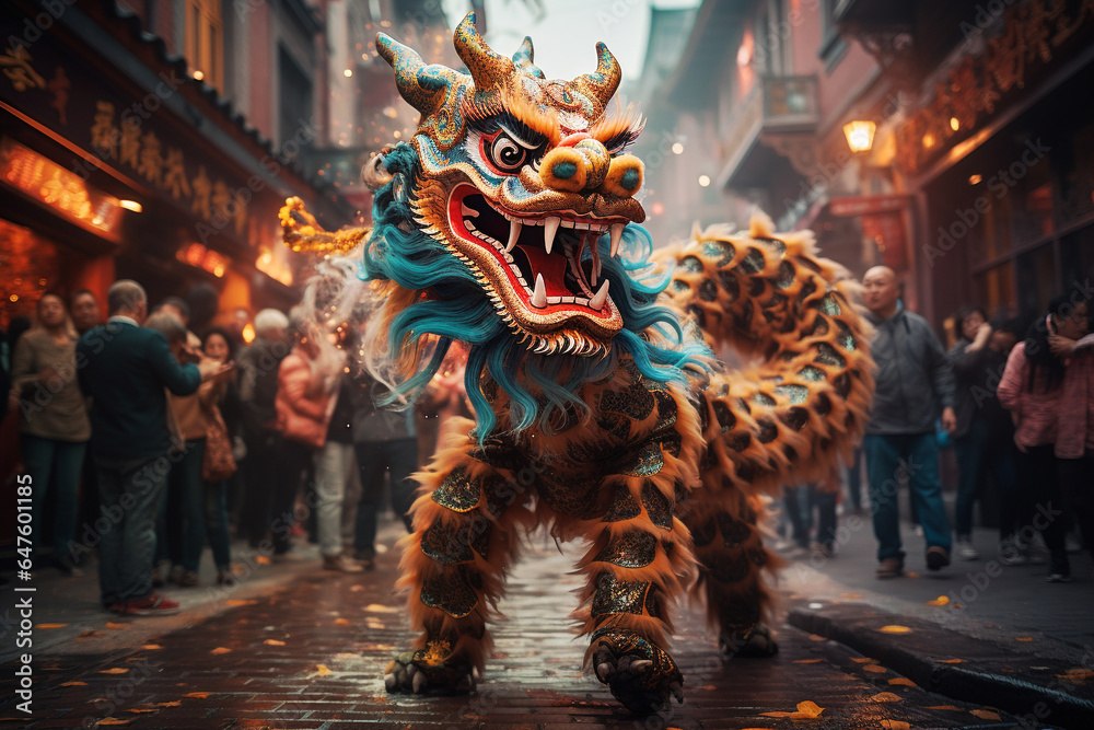Chinese dragon dancing on the street, celebrate the new year 2024 ...