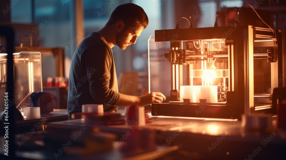 An engineer prints a prototype model on a 3d printer in a laboratory ...