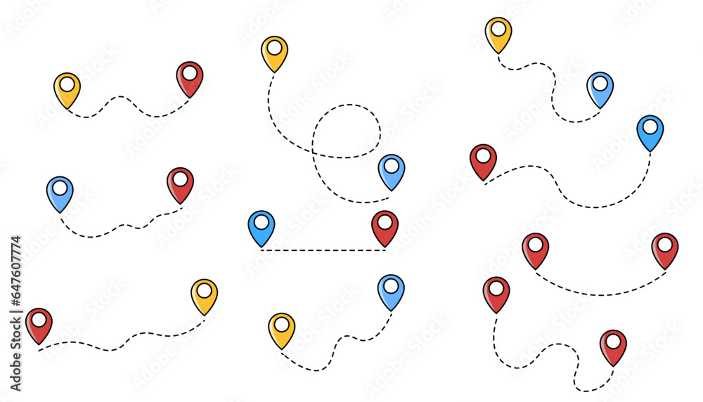 Route location color icon set, two pin sign and dotted line road, start ...
