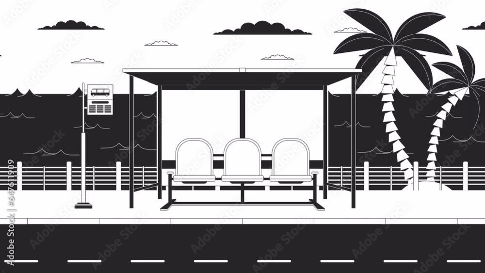 Bus stop bench on twilight waterfront bw lo fi animated background ...