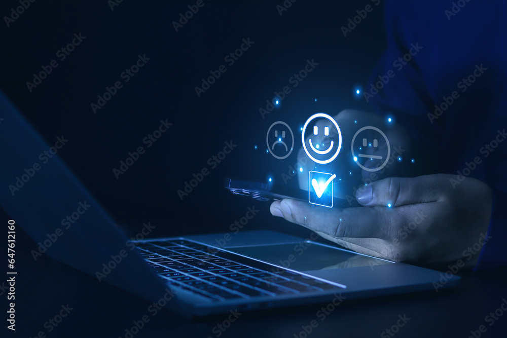 Businessman showing a happy smile Good response score Positive customer ...