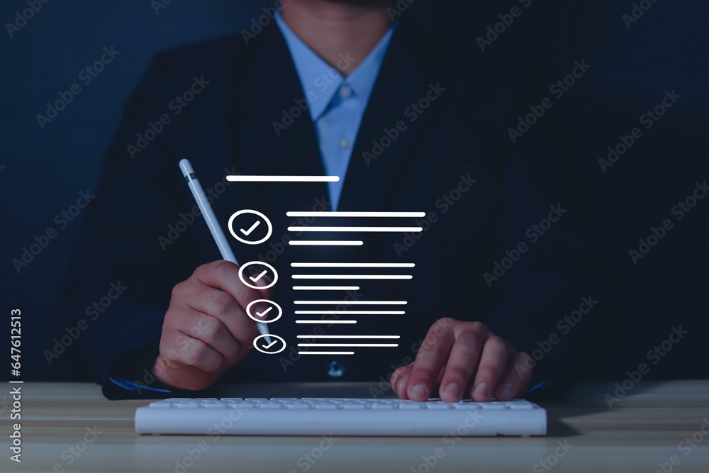 Businessman showing check mark summarizing job Compile lists, votes ...