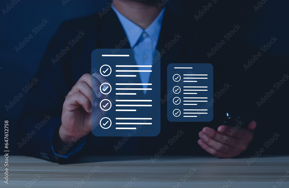 Businessman showing check mark summarizing job Compile lists, votes ...