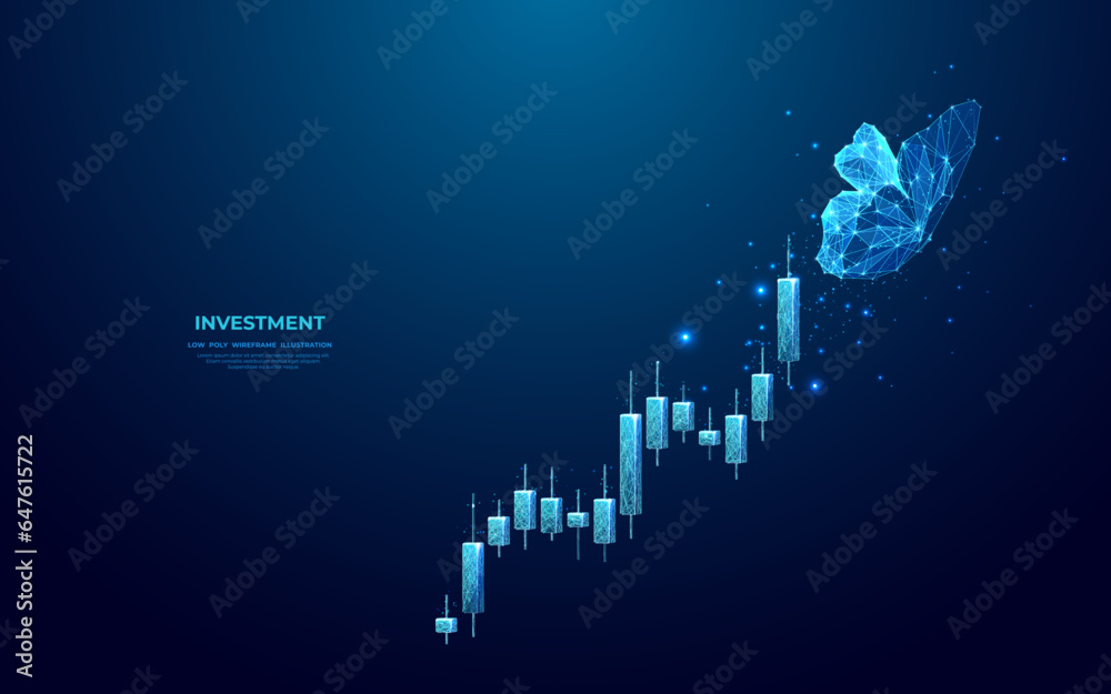 Abstract butterfly flutters over a digital growing graph. Boosting sell ...