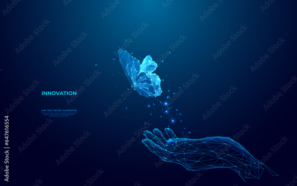 Digital butterfly flies away from hand. Future transform or technology ...