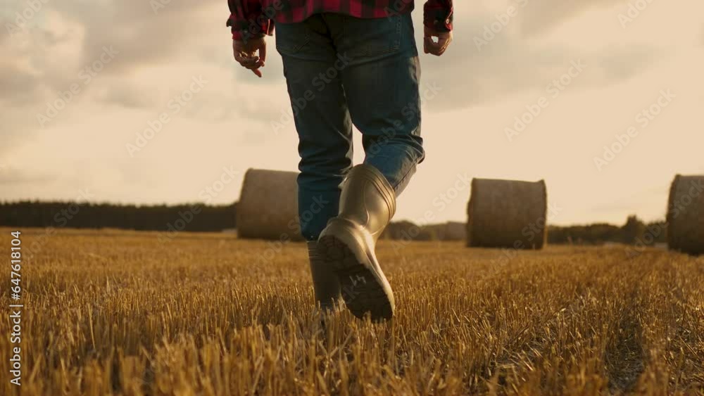 Farmer male feet in clean rubber boots walk across dry earth in field ...