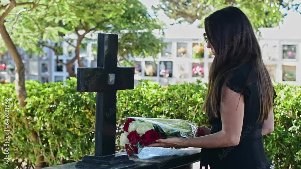 Woman in mourning with sunglasses leaving a bouquet of red and white ...
