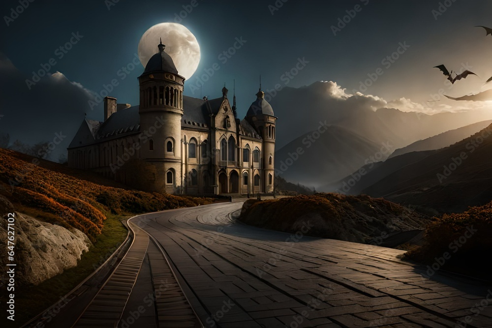 Moonlight night with a mysterious castle in the distance generative ai ...