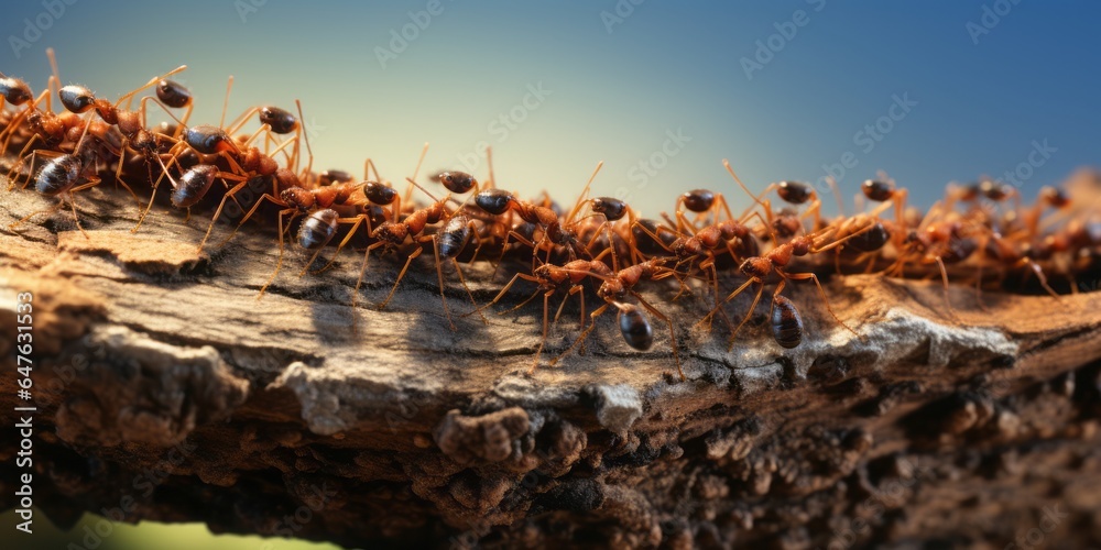 Close-Up View of Ants Forming a Team to Pull a Branch Across a Gap ...