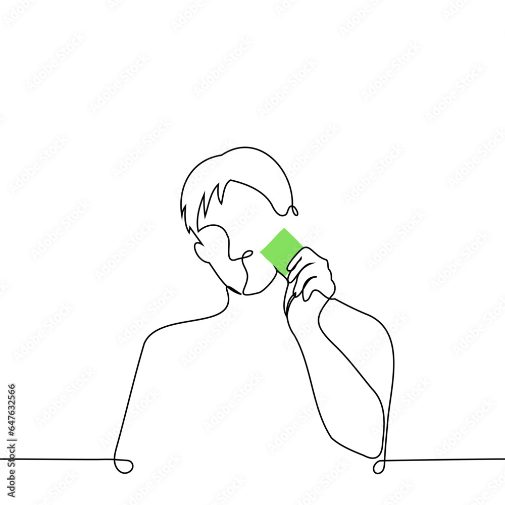 man shows a green card - one line art vector. concept the referee ...