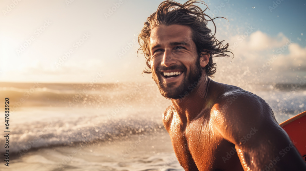 Smiling man with a surfboard is surfing while relaxing in the ocean ...