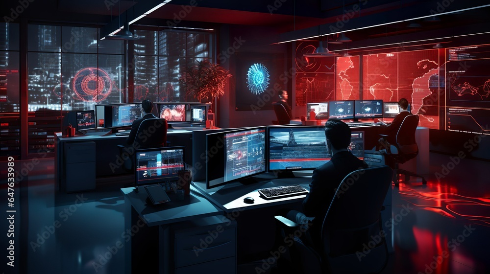 Red alert in cybersecurity office defending hacker attack Stock ...