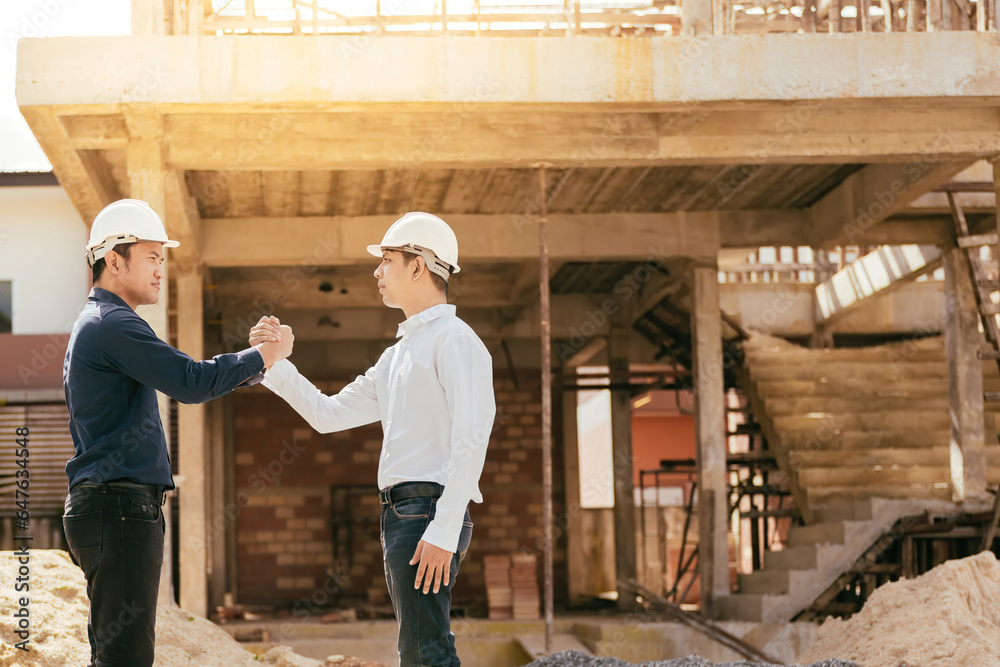 left corner photo Cropped view of two Asian male engineers holding ...
