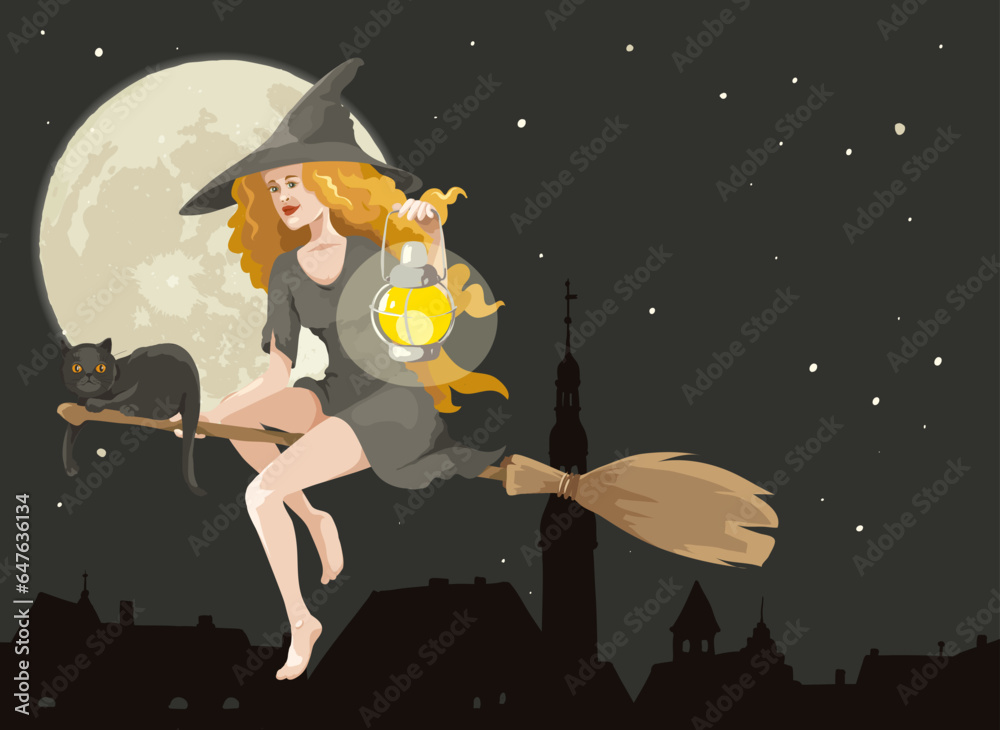 Cute witch with a black cat on a broomstick over the night city. Vector ...