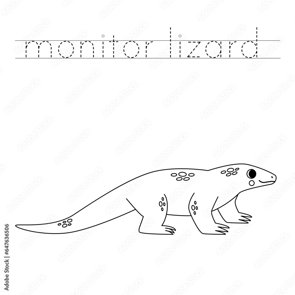 Trace the letters and color cartoon monitor lizard. Handwriting ...