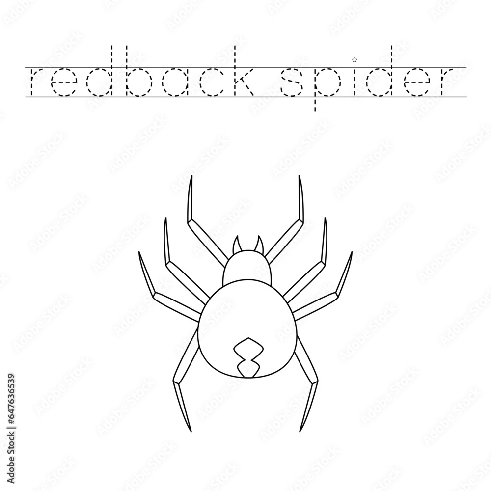 Trace the letters and color cartoon red back spider. Handwriting ...