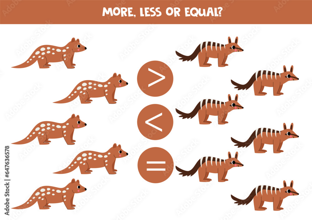 More, less or equal with cartoon Australian animals. Numbat and tiger ...