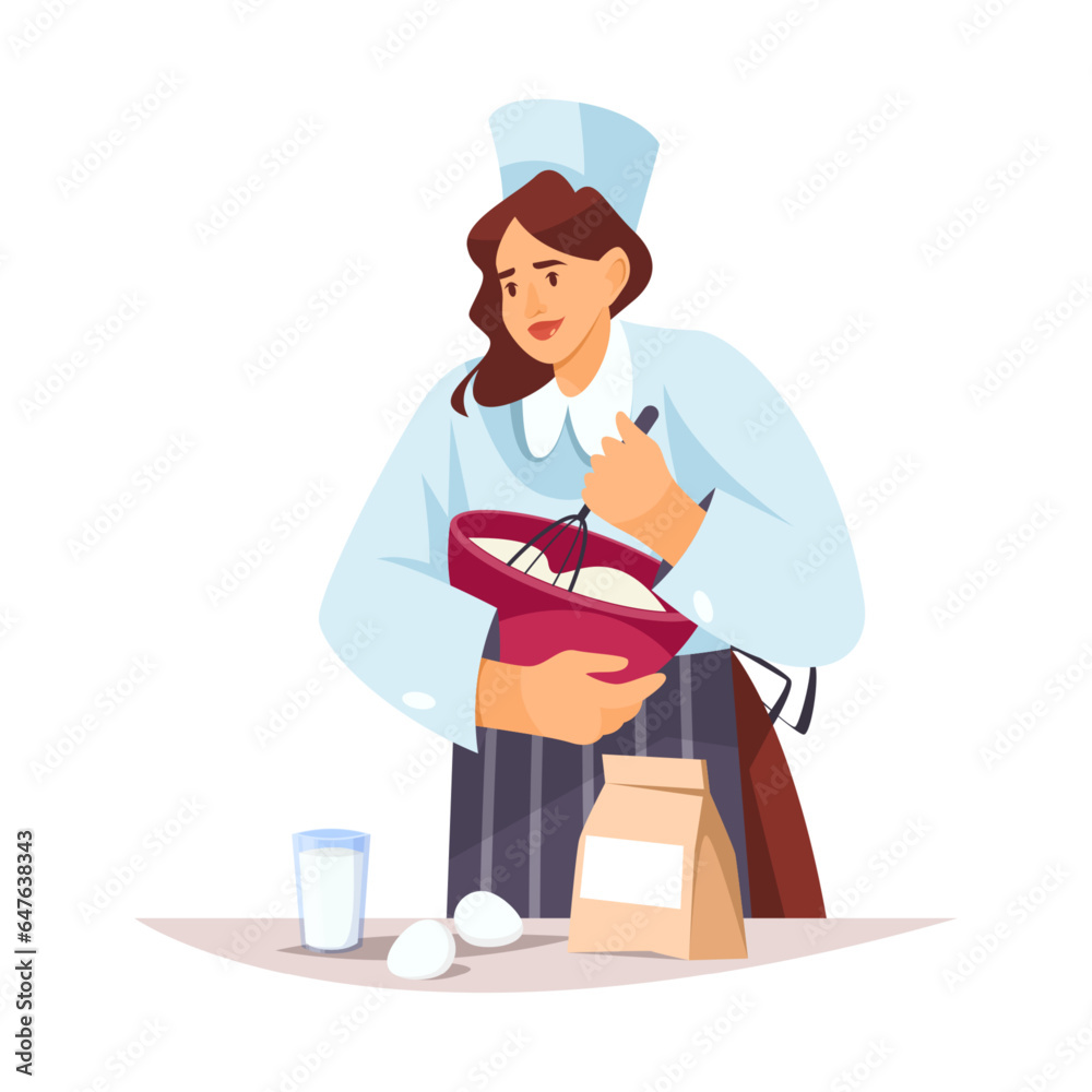 Woman chef making dish with eggs and flour. Restaurant cook make dough ...