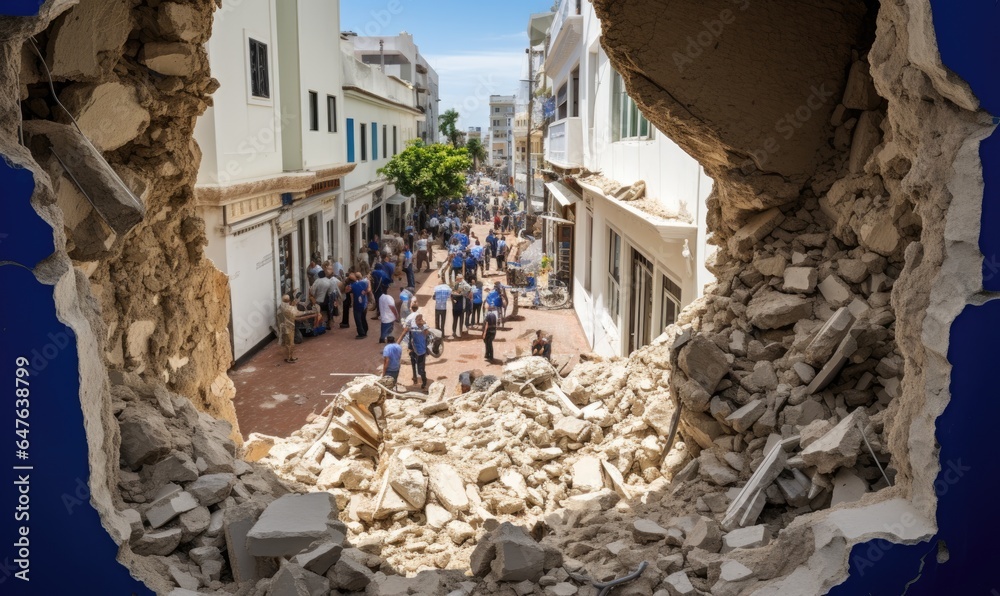 People on streets after earthquake. City destroyed by an earthquake ...